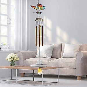 Butterfly Wind Chimes, AVEKI 27.5''H Iron Stained Glass Butterfly Wind Chimes Gifts for Mom Outdoor/Indoor Wind Chimes for Home, Garden, Window, Yard, Patio, Lawn Decoration (Yellow)