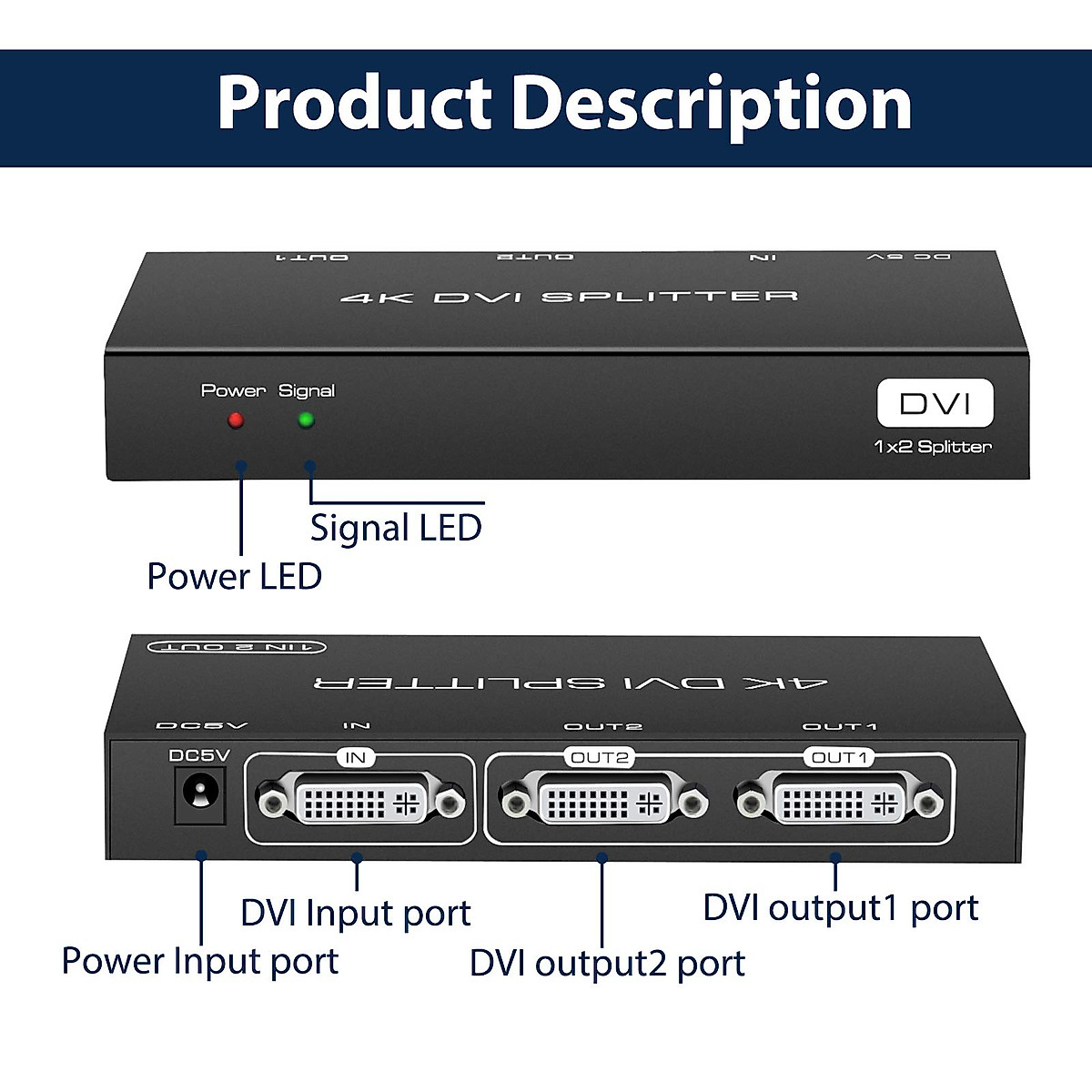 DVI Splitter 1 in 2 Out 2 Port DVI Dual Monitors Distribution Duplicator Video Splitter Support EDID Management Resolution up to 4K30Hz for PC Laptop DVR Projector HDTV