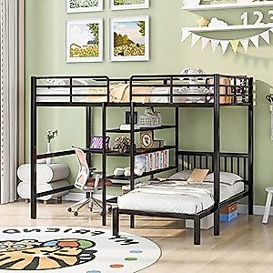 YOPTO Full Over Twin Metal Bunk Bed with Built-in Desk, Four Built-in Storage Shelves and Ladder, No Box Spring Required,Maximized Space,Bedroom Furniture for Children,Teens,Adults,Black