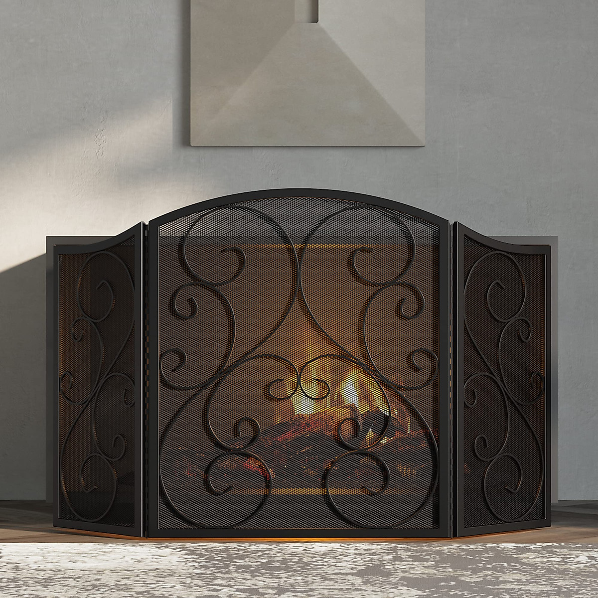 Fire Beauty Fireplace Screen 3 Panel Wrought Iron Metal 48"(L) x30(H) Spark Guard Cover(Black)