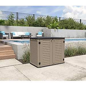 KINYING Outdoor Storage Shed - Horizontal Storage Box Waterproof for Garden, Patios, Backyards, Multi-Opening Door for Easy Storage of Garbage Cans, Tools, Lawn Mower, 26 Cubic Feet,Brown