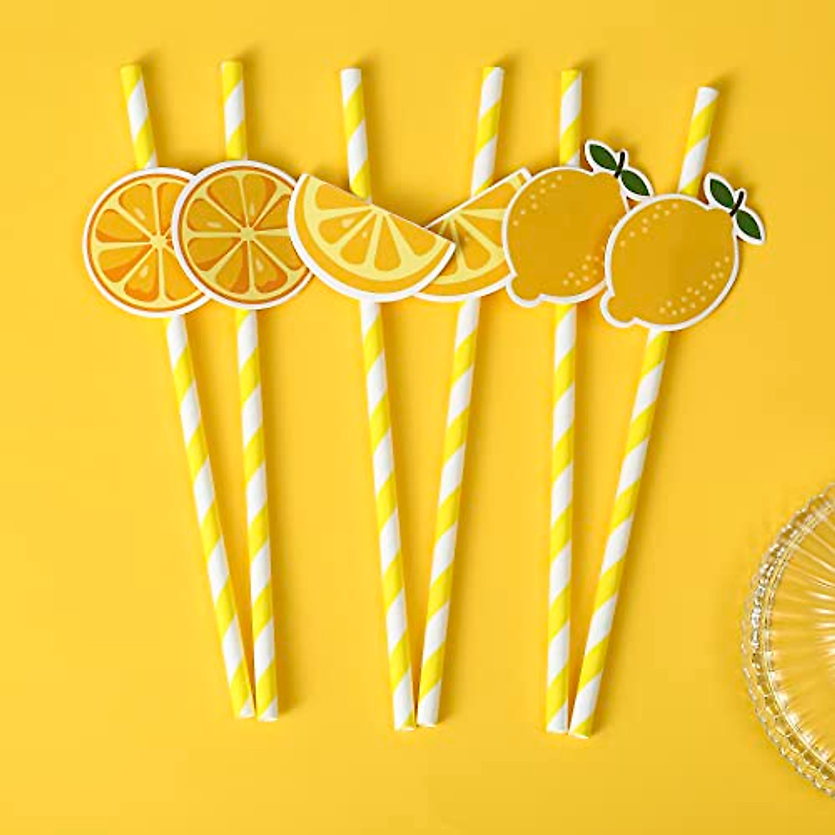 Lemon Biodegradable Paper Straws，Lemon Birthday Party Striped Decorative Straws - Set of 20.