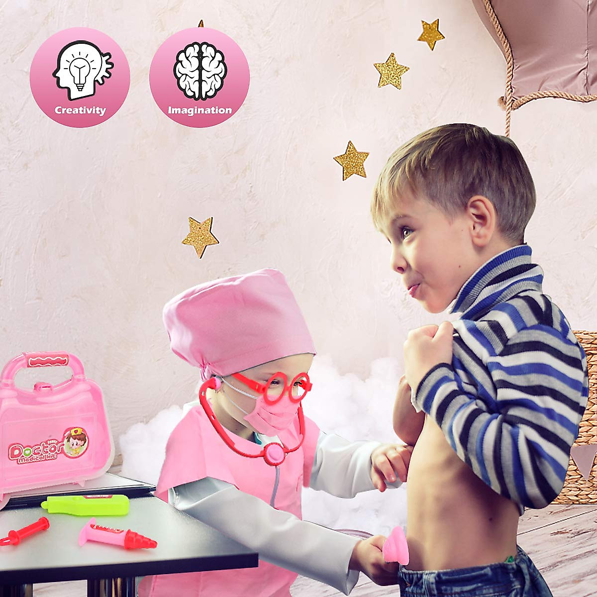 Kid’s Scrubs fedio Role Play Costume Dress up Set with Medical Toy Kit for Toddler Children Ages 3-5 (Hot Pink)