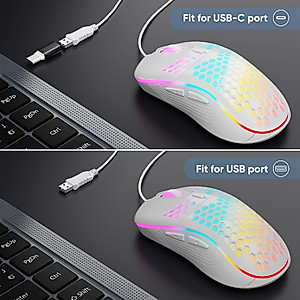 MELOGAGA Honeycomb Wired Gaming Mouse, USB/USB-C PC Game Mice with RGB Backlight, 6 Programmable Buttons, 6 Adjustable DPI Up to 7200 for Windows/PC/Mac/Laptop Gamer -White