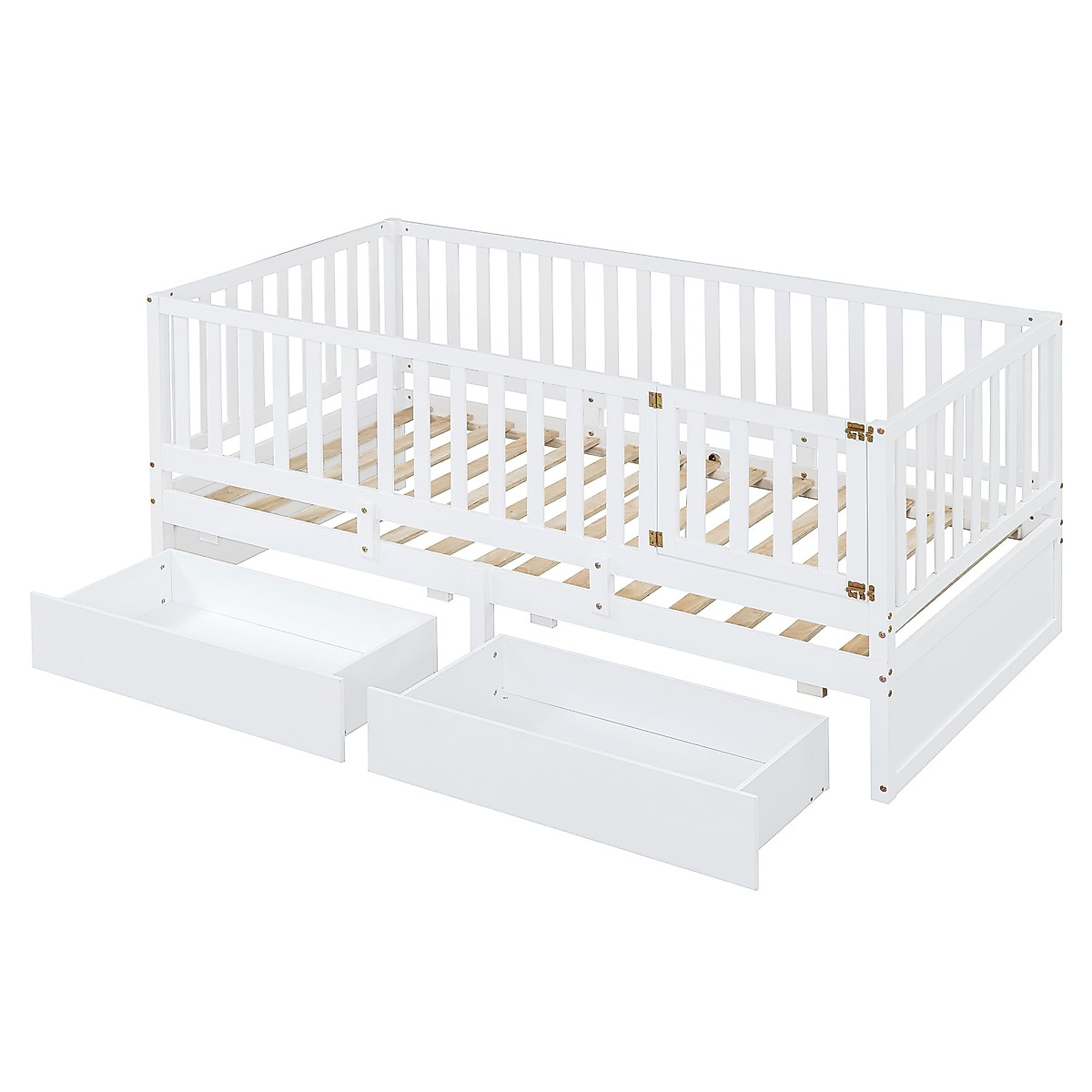 Twin Bed Frame with Rails and Storage Drawers, Can Be Divided into A Twin Size Floor Bed with Fence and A Daybed with 2 Drawers, Wood Montessori Beds for Kids Boys Girls Teens, White