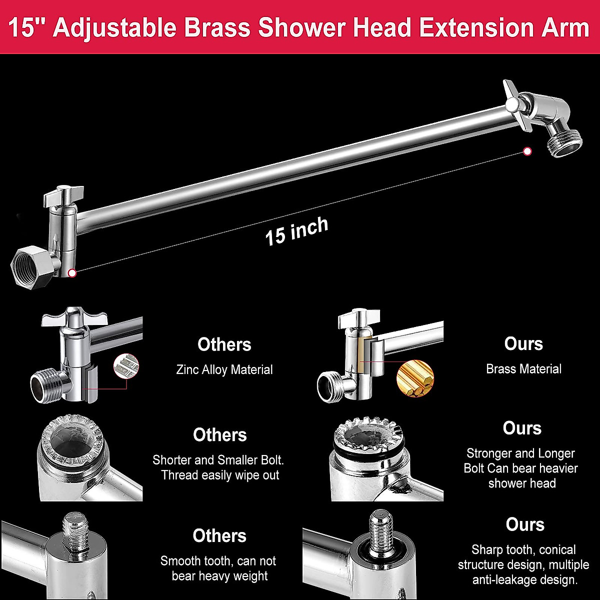 Shower Head, NERDON 12'' High Pressure Rainfall Shower Head Handheld Combo 5 Settings with 15'' Brass Height/Angle Adjustable Extension Arm 60" Hose, Stainless Steel Bath Rain Showerhead with 4 Hooks