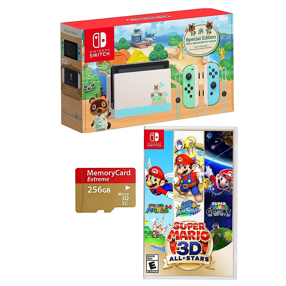 Switch Bundle Newest Nintendo Switch Game Bundle: Animal Crossing-New Horizons Edition, Super Mario 3D All-Stars ;Woov Micro SD 256 GB