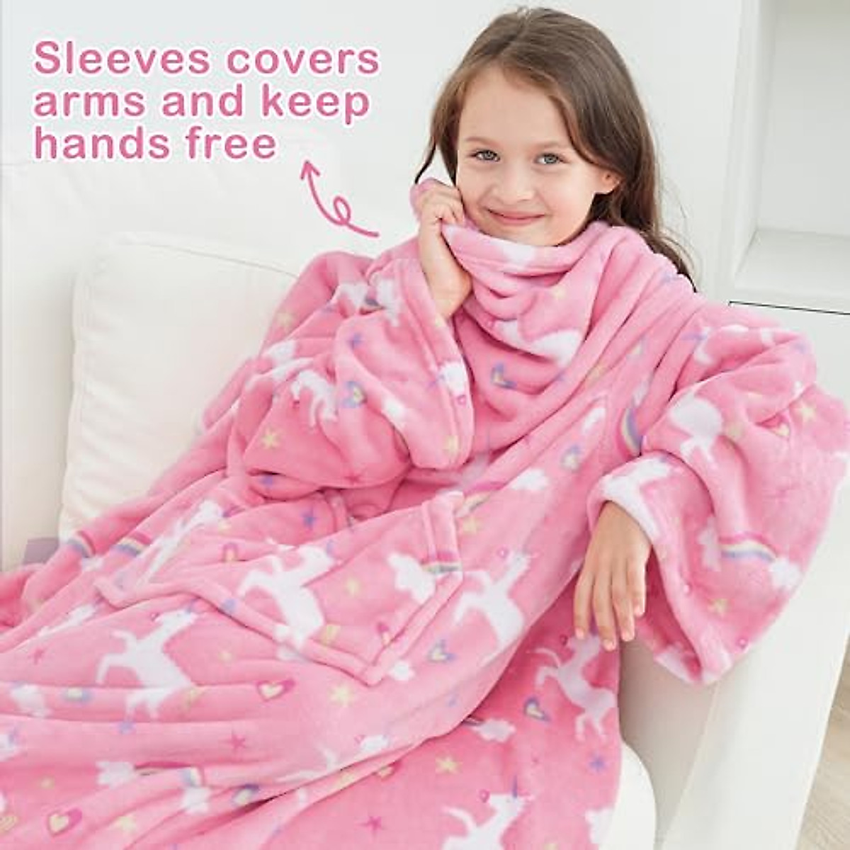 Wearable Fleece Blanket with Sleeves & Foot Pocket for Kids Boys Girls Children,Lightweight Soft Blanket with Sleeves and Hook & Loop 48" x 48" Pink Unicorn