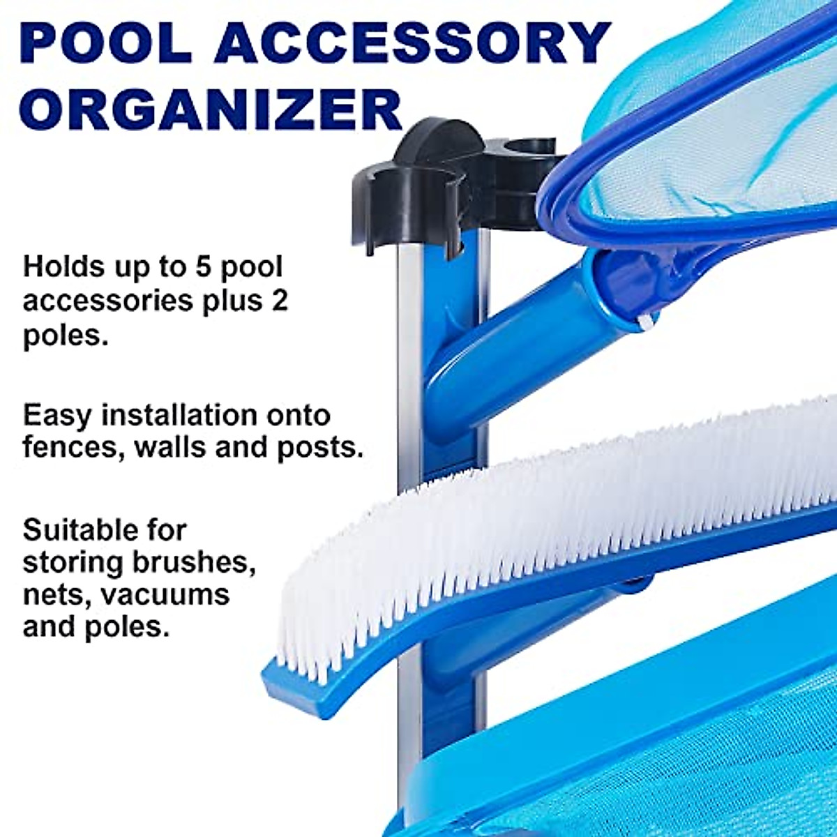 ZOMOFEW Pool Cleaning Accessory Holder, Blue, 5-in-1 Design, Holds Brushes, Nets, Vacuum Cleaners, Poles, Weatherproof