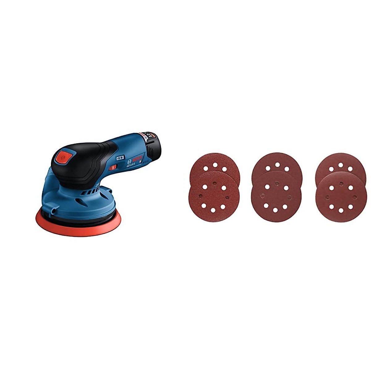 Bosch GEX12V-5N 12V Max Brushless 5 In. Random Orbit Sander (Bare Tool)&BOSCH SR5R000 6-Piece Assortment 5 In. 8 Hole Hook-And-Loop Sanding Discs