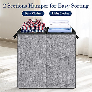 Pheswisom 150 L Extra Large Laundry Hamper with Lid, Double Laundry Hamper 2 Section with Removable Bags, Dirty Clothes Hamper for Storage Sorter, Dual Laundry Hamper for Bedroom, College, Dorm, Grey