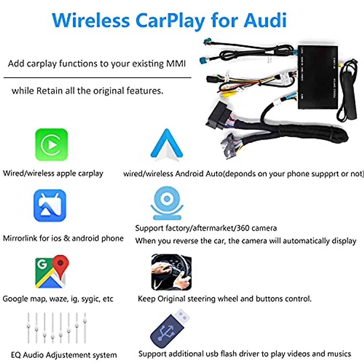 Road Top Wireless Carplay Android Auto Retrofit Kit for Audi A4 A5 S4 S5 RS4 RS5 Q5 2008-2015 with 3GMMI Factory Screen Update, Support Mirrorlink, Siri, Original Control, Camera