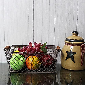 CVHOMEDECO. Primitive Chicken Wire Gathering Baskets with Wood Handle Rectangular Farmhouse Storage Baskets Set, Rusty, Set of 3