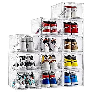 INSTY Shoe Boxes, Set of 12, Stackable Clear Plastic Shoe Storage Boxes, Drop Front Shoe Box with Lids,Shoe Organizer Containers for Sneaker Display, Fit up to US Size 12(13.4”x 9.8”x 7.1”)