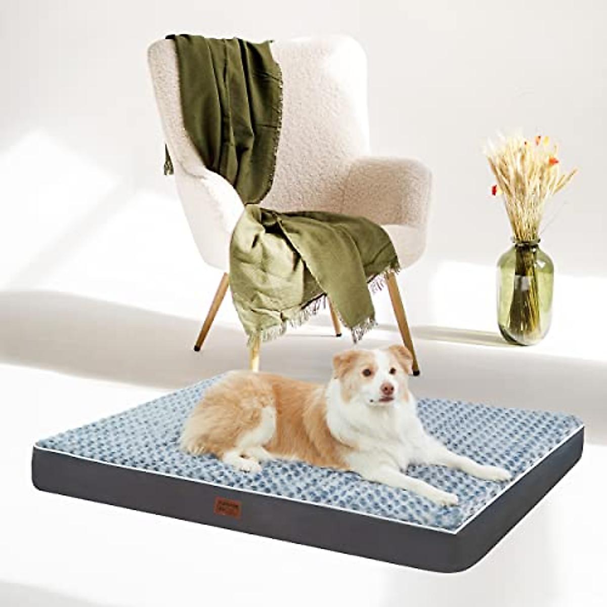 Dog Bed Mats for Large Big Dog - Orthopedic Dog Pet Durable Crate Bed Mattress of Thick Egg Foam Crate, Rose Plush Washable Cover, Waterproof Lining and Non-Slip Bottom(L(36''x27''x3''), Grey Side)
