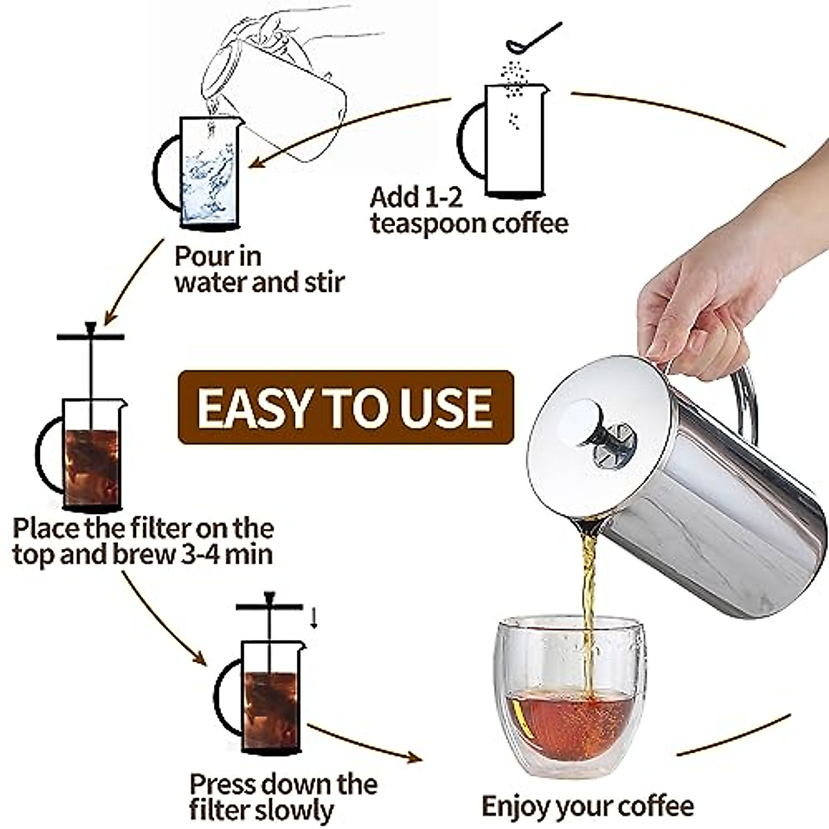 SIXAQUAE French press Coffee Maker Heat Resistant Durable Borosilicate golden Glass 12oz