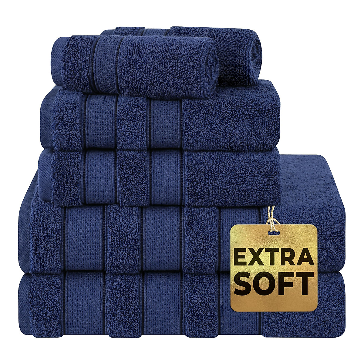 American Soft Linen Salem Bath Towel Set, 100% Cotton 6 Piece Towels for Bathroom, 2 Bath Towels 2 Hand Towels 2 Washcloths, Navy Blue