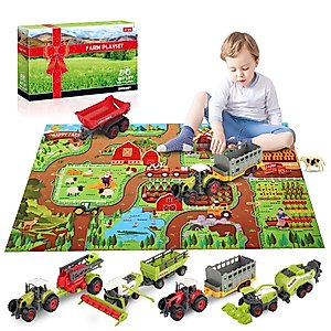 Oriate Farm Tractor Set 34 Piece Die Cast Vehicle Value Playset, Large Size 4.8" Tractors Toy Kids Birthday Gift, Farm Play Mat Tractors Animals Trailer Toys, Farm Equipment Accessories