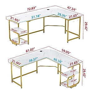 Merronix L Shaped Desk with Storage Shelves, Reversible Corner Computer Desk for Home Office, Modern Gaming L Desk with Spacious Desktop, White Marble and Gold