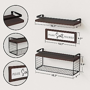 DOLLFIO Floating Shelves with Wall Décor Sign, Bathroom Shelves Over Toilet with Wire Storage Basket, Wood Wall Shelves with Protective Metal Guardrail– Brown