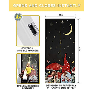 OComster Red Mushroom Black Magnetic Screen Door, Gnome Plant Flower Starry Sky Moon Hands Free Screen Mesh Size 38'' x 83'', Reinforce Heavy Duty Mesh Screen Doors for Patio/Front/Sliding Door