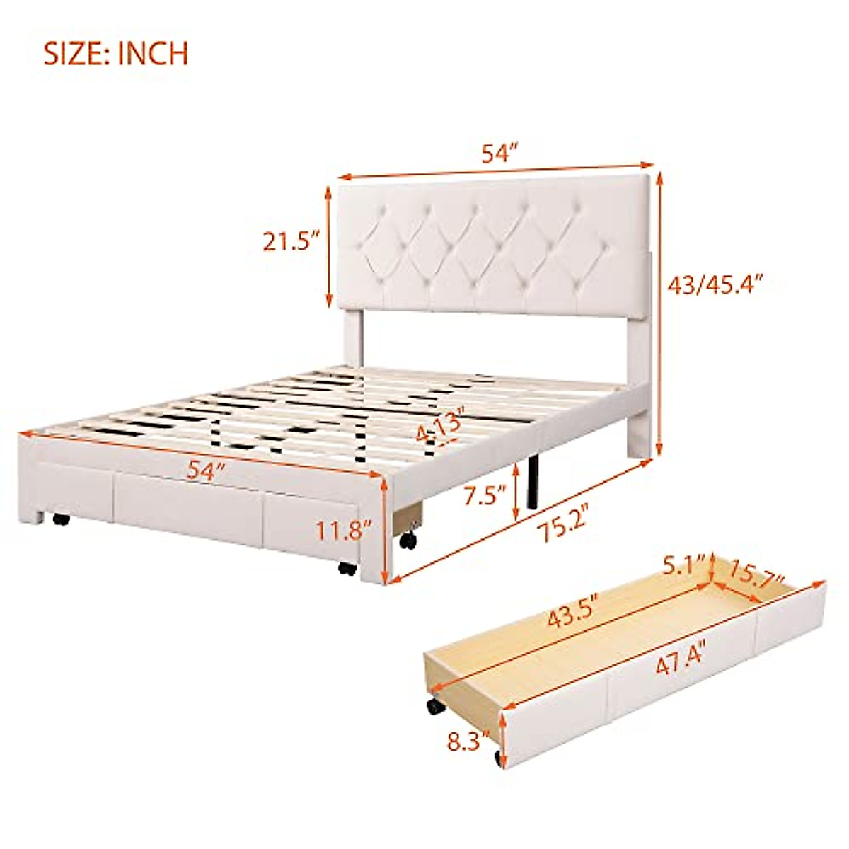 Lifeand Full Size Storage Bed Velvet Upholstered Platform Bed with a Big Drawer - Beige