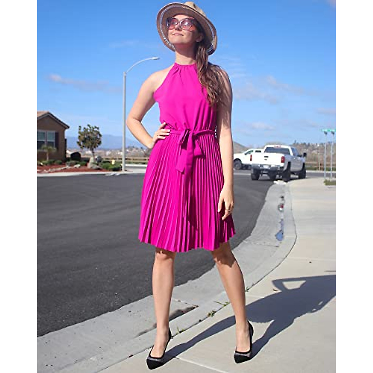 BTFBM Women 2024 Summer Casual Halter Neck A-Line Dress Sleeveless Belted Swing Pleated Cocktail Party Beach Mini Dresses(Solid Purple Red, Large)