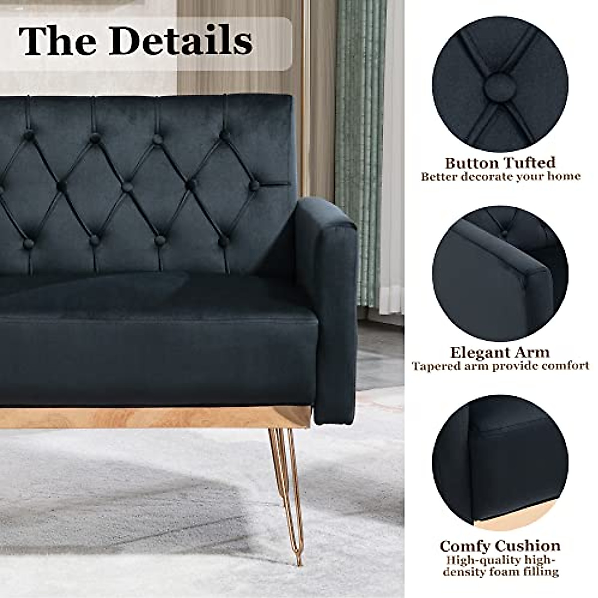 Olela Accent Chair Set of 2,Velvet Armchair Single Sofa Modern Tufted Upholstered Side Reading Chairs with Arm and Gold Metal Leg for Living Room Bedroom Club Nursery Office Decorate(2, Black)