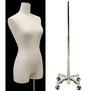 Adult Female White Linen Pinnable Dress Form Mannequin 3/4 Torso with Thighs and Rolling Chrome Base #F1WL-WCDX