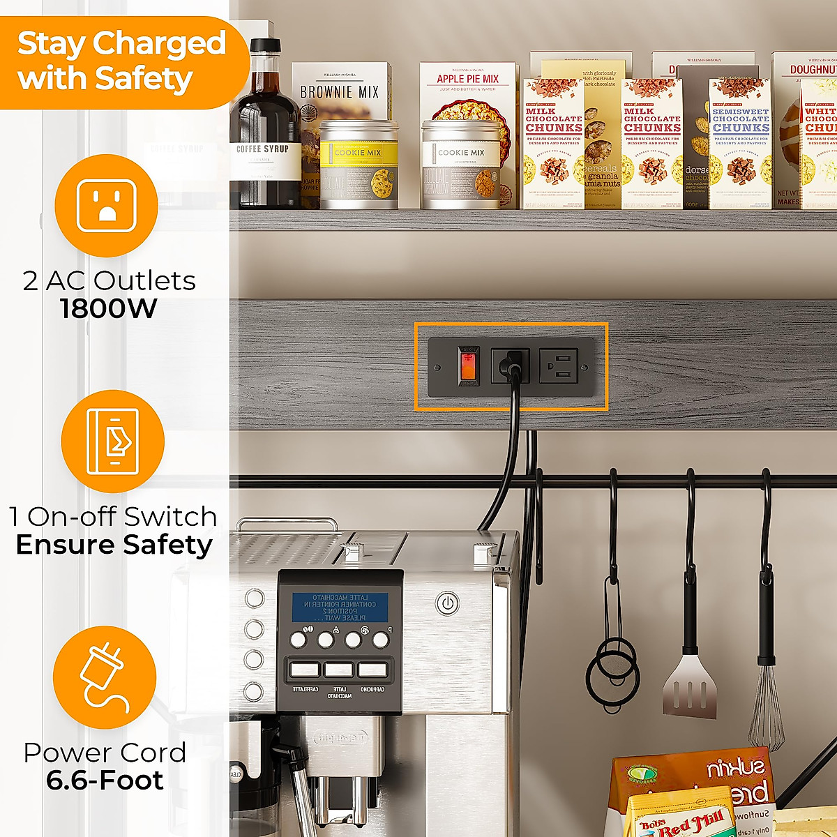 SUPERJARE Large Bakers Rack with Power Outlets, 6-Tier Microwave Stand, Coffee Bar with 12 S-Shaped Hooks, Kitchen Shelf with Wire Basket, 39.3 x 15.5 x 66.9 Inches, Charcoal Gray