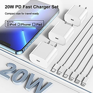 3Pack iPhone 14 13 12 Fast Charger, 20W USB C Wall Charger Block with 6Ft/10ft Type C to Lightning Cable, iPhone Charger Fast Charging for iPhone 14 13 12 11 Pro XR XS AirPods-Supports Power Delivery