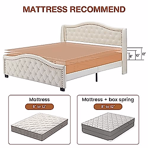 King Size Upholstered Platform Bed Frame with Tall Headboard 47.2" , King Bed with Velvet Button Tufted & Nailhead Trim Wingback Headboard, Luxurious Arched Footboard, No Box Spring Needed, Beige