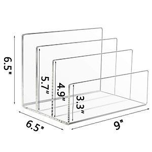 Tasybox Acrylic File Holder, Clear File Sorter Desk File Organizer 3 Sections Office Desktop Rack 9" x 6.5" x 6.5"