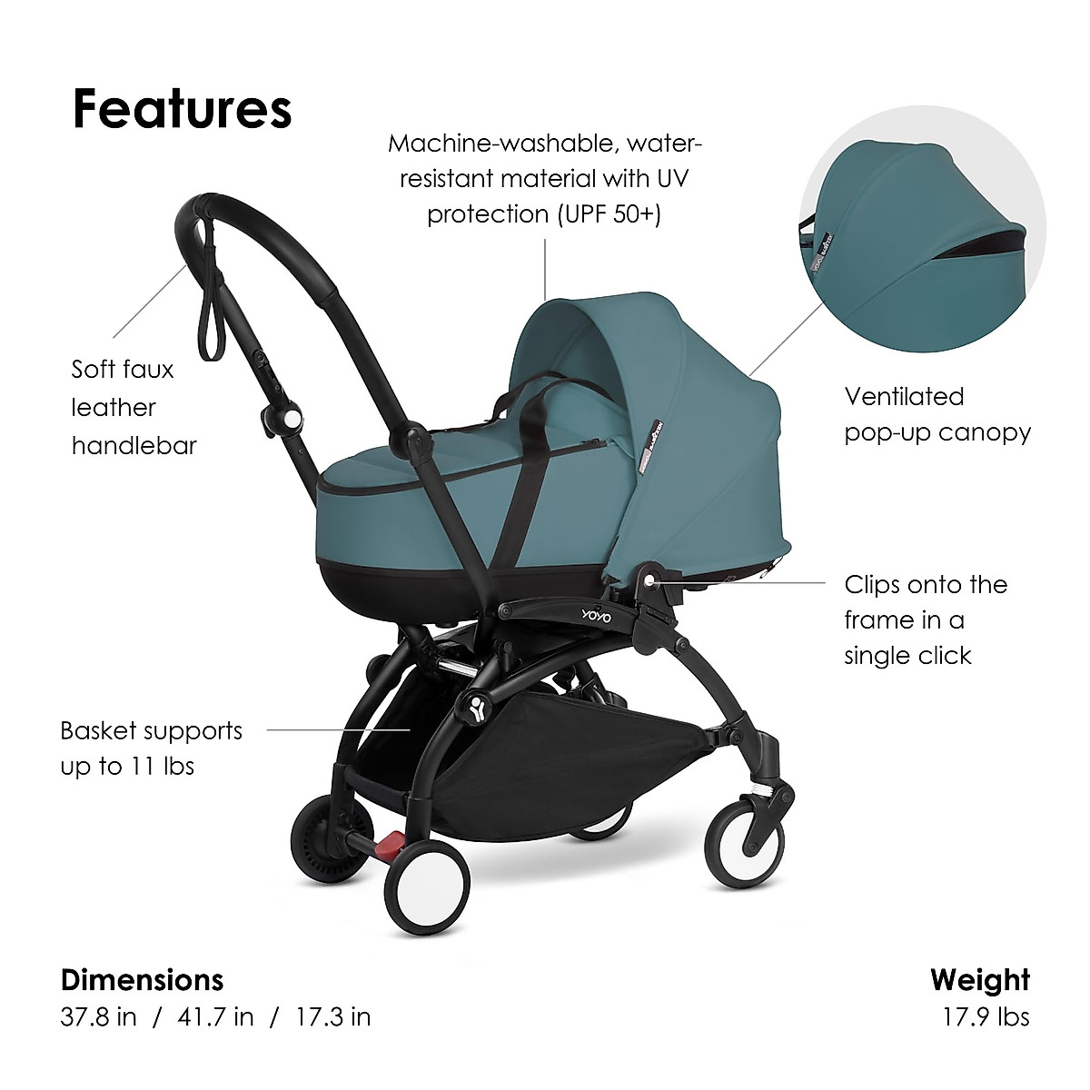 BABYZEN YOYO2 Black Frame + Aqua Bassinet - Includes Thick Double Mattress, Ventilated Shell & Canopy