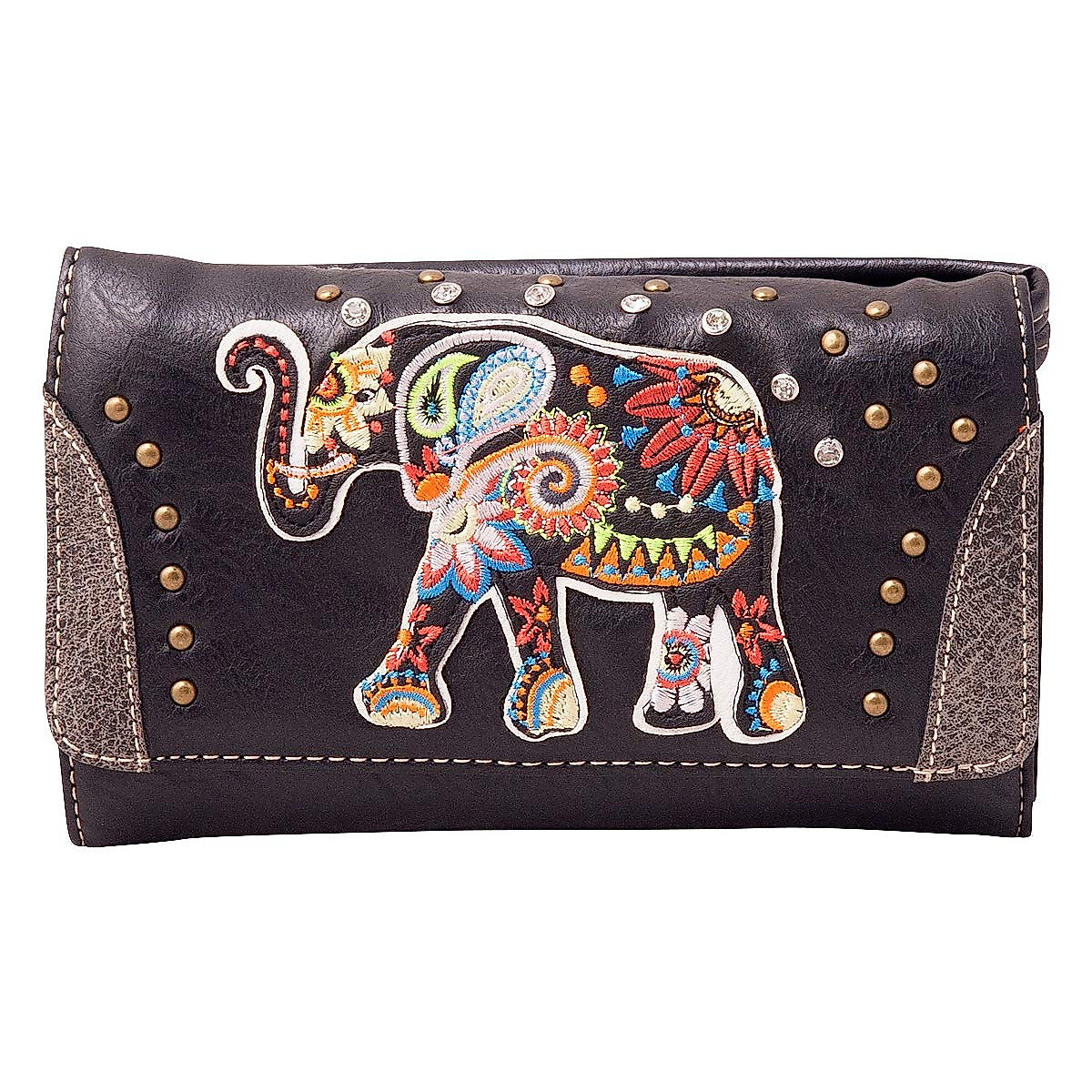 HW Collection Large Elephant Purse Women Embroidered Western Handbag and Wallet Set (Black)