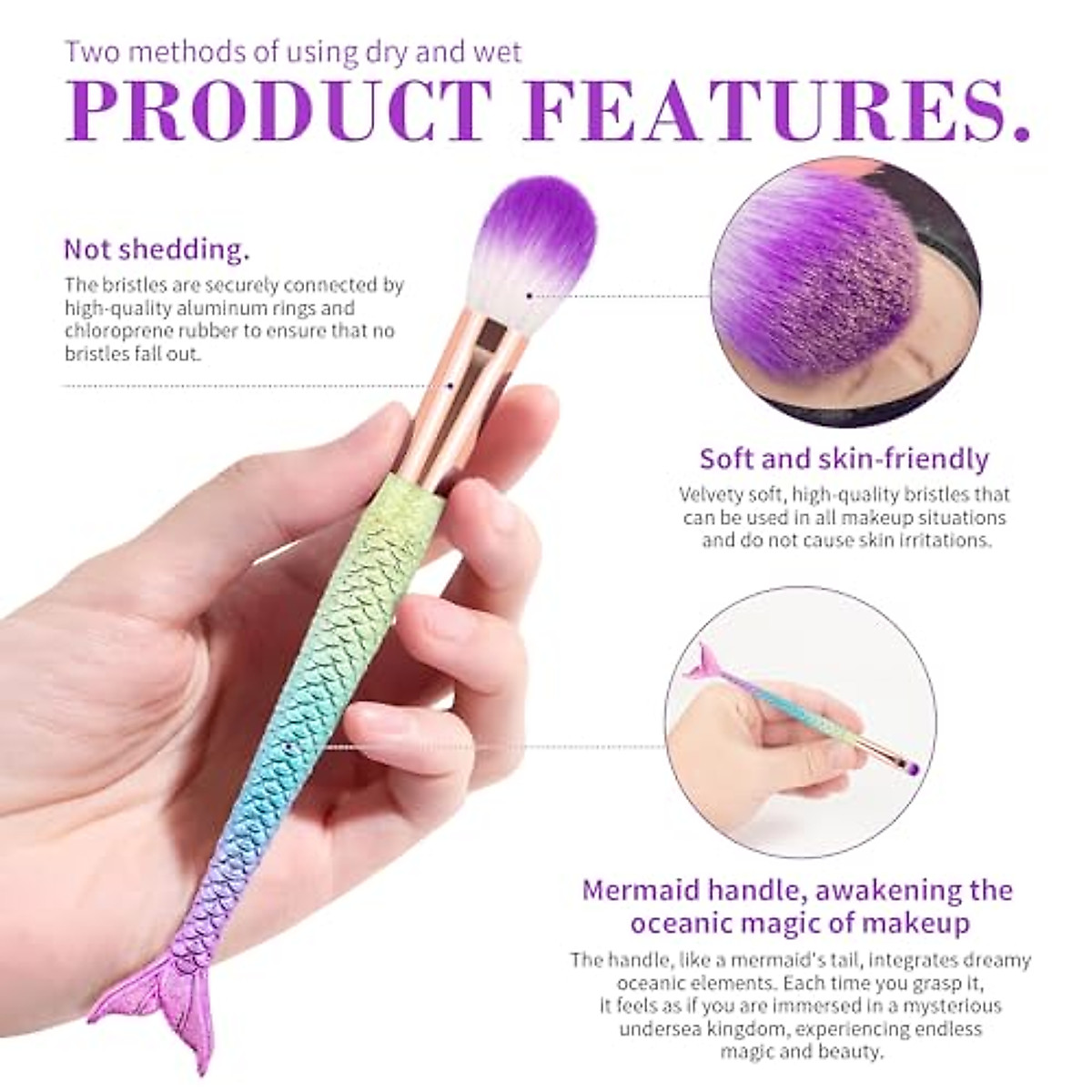 Makeup Brush Set 11pcs, Premium Synthetic Mermaid Make Up Brushes for Blush Highlight Concealer Fan Cute Cosmetic Brushes Collection