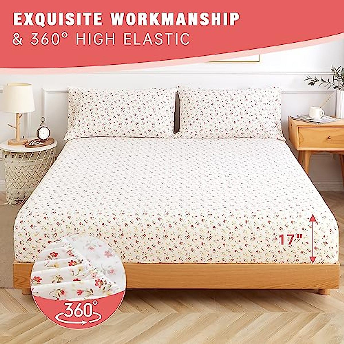 Queen Bed Sheet Set 4PC Printed Cute Red Flower Sheet Pattern Cooling Brushed Microfiber 17" Deep Pocket Floral Sheets Set Luxury, Soft, Breathable, Hypoallergenic, Wrinkle Free Double Bedding