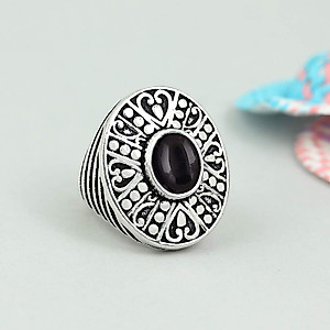 Black Onyx Ring Sterling Silver Plated for Women Size 11, Handmade Black Stone December Birthstone Bohemian Victorian Jewelry Gifts For Her