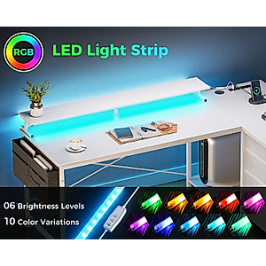 ODK 48-Inch L Shaped Gaming Desk with LED Lights & USB Power Outlets, Reversible Computer Desk with 4 Drawers, Corner Gamer Desk with CPU Shelf & Monitor Stand, Gaming Table for Bedroom, White