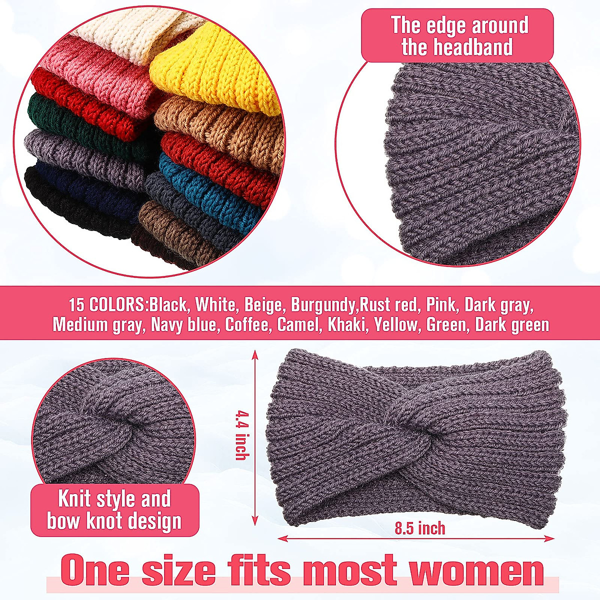 Canlierr 15 Pieces Warm Winter Headband for Women Soft Knit Hair Wrap Ear Warmers Crochet Head Wrap