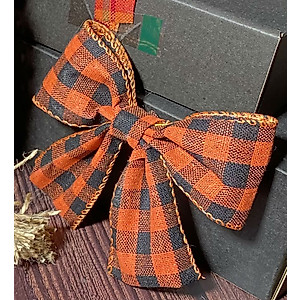 Pumpkin Orange and Black Gingham Buffalo Plaid Ribbon，Thanksgiving Fall Wired Edge Ribbon Halloween Christmas Wrapping Ribbon Wired Craft for Holiday Wrapping, Bow Crafts Decoration