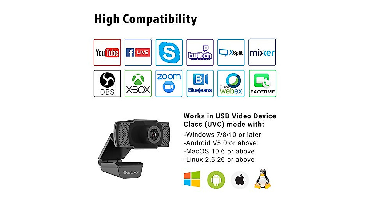 Septekon 1080P HD Webcam with Microphone, Streaming Computer Web Camera ...