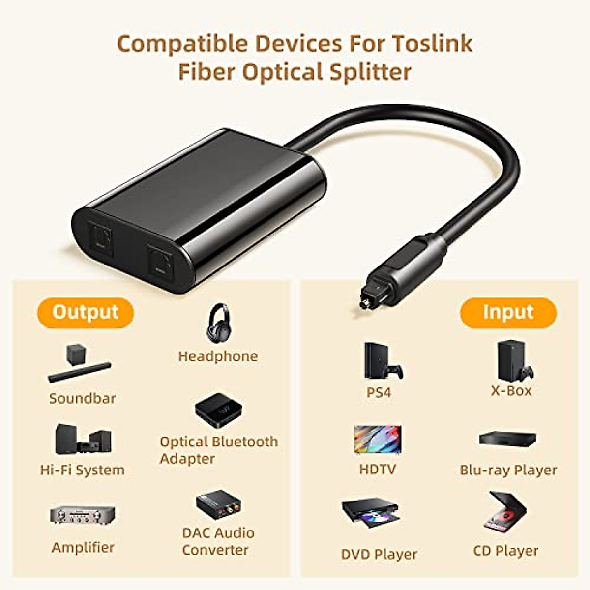 ANDTOBO 【Upgraded】 Digital Toslink Fiber Optical Splitter 1 in 2 Out Audio Adapter Cable【Signal Enhancement】