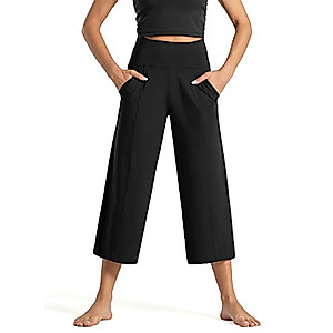 Tmustobe Womens Lounge Yoga Capris Pants Bootleg Tummy Control High Waist Workout Flare Crop Pants with Pockets (Black, Large)