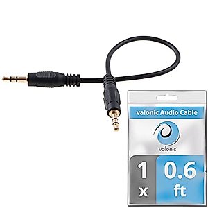 valonic Short Audio Cable - 0.6ft - 3,5mm - AUX Cord for car, TV or Phone - Male to Male - Black