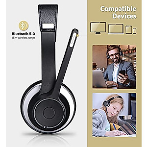 VOCLINE Wireless Headset with Microphone, 22H PC Wireless Headset, Over-Ear Wireless Headphone with Dual CVC8.0 Noise Canceling Mic, Mute Only Available on Smartphone, Support 3.5mm Connect