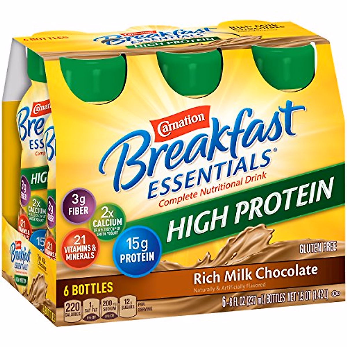 Carnation Breakfast Essentials High Protein Ready-to-Drink, Rich Milk Chocolate, 8 FL OZ Bottle (Pack of 6) (Packaging May Vary)