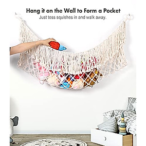 Large Stuffed Animal Hammock - [56'' Wide/Upgraded Handwoven Macrame/Cream] Toy Storage Net Hammock for Flat Wall, Hardware Included