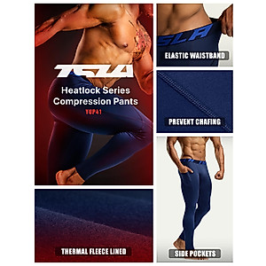 TSLA Men's Thermal Compression Pants, Athletic Sports Leggings & Running Tights, Wintergear Base Layer Bottoms, Pocket Midnight Navy, Medium