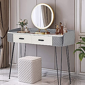 Joveco 40’’ Vanity Table with 2 Drawers- Modern Makeup Vanity Desk- Dressing Table Small Desks for Bedrooms- Home Office Computer Desk- White Marble Wood Veneer/Gold Metal Legs and Gray/White